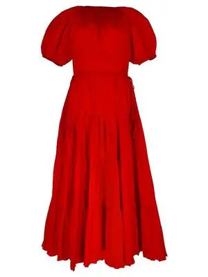 Ulla Johnson Cotton Puff Sleeve Tiered Maxi Dress - Red