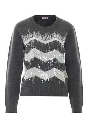 Liu Jo Sequin Embellished Chevron Knit Sweater - Grey