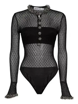 SELF-PORTRAIT Mesh Bead-embroidered Bodysuit - Black