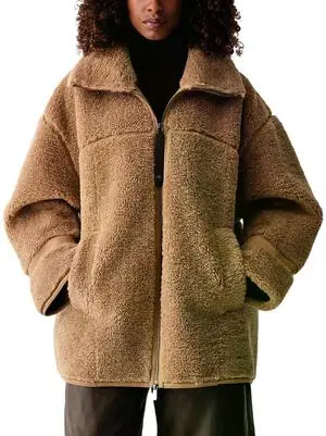 Pinko Shearling-Effect Pea Coat With High Neck Neutrals