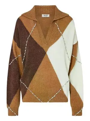 Liu Jo Argyle Knit Polo With Jewel Embroidery - Brown