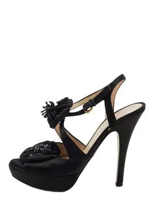 PRADA Prada Black Satin Floral Embellished Platform Sandals