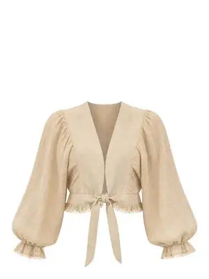 MUCHE & MUCHETTE Linen Crochet Detail Tie Front Top - Brown