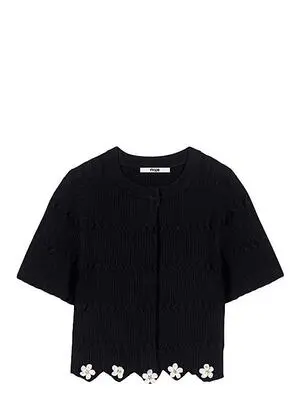 Maje Cropped Knitted Cardigan With Embellished Scalloped Hem - Black