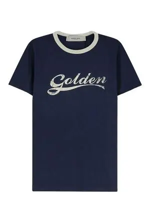GOLDEN GOOSE Cotton T-shirt With Golden Print - Blue