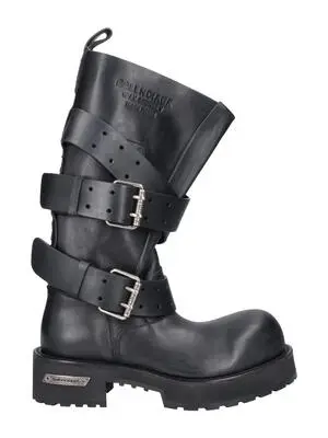 Balenciaga Leather Buckle Strap Moto Boots - Black
