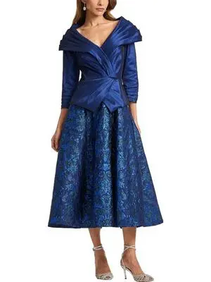 Tadashi Shoji Pleated Shawl Mixed Media Floral Jacquard Evening Dress - Navy/multi