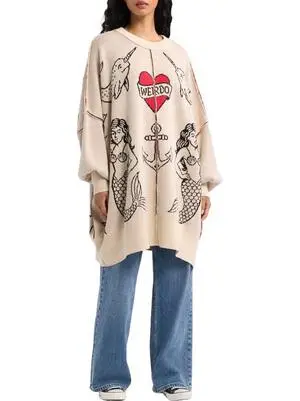 DRESSED IN LALA Graphic Knit Oversized Crewneck Sweater - Tattoo