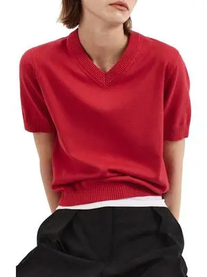 Mango MANGO V-Neck Fine-Gauge Cotton Sweater With Short Sleeves Red
