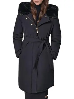 Donna Karan New York Belted Hooded Coat With Faux Fur Trim - Black