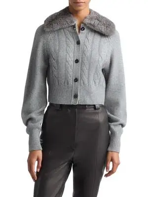 TOCCIN Rita Wool & Cashmere Cable Knit Cardigan With Faux Fur Collar - Storm