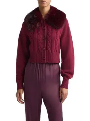 TOCCIN Rita Wool & Cashmere Cable Knit Cardigan With Faux Fur Collar - Wine