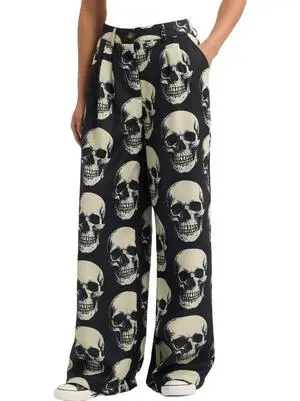DRESSED IN LALA Skull Print Wide Leg Trousers - Black Skulls
