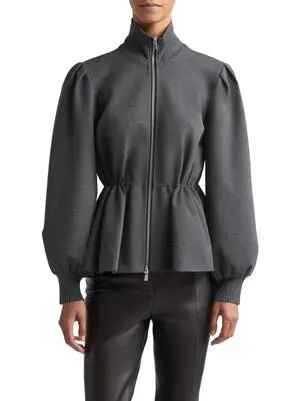 TOCCIN Ida Drawstring Waist Zip Jacket With Puffed Shoulders - Shadow