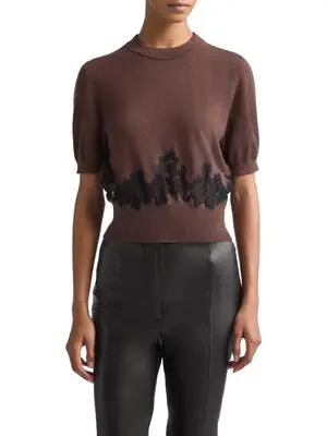 TOCCIN Vika Short Sleeve Merino Wool Sweater With Lace Appliqu - Walnut/jet