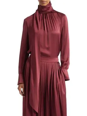 TOCCIN Toccin Veronica Tie Neck Long Sleeve Satin Top Wine