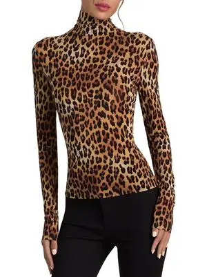 Alice + Olivia Delaina Leopard Print Long Sleeve Mock Neck Top - Spotted Leopard