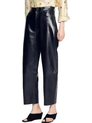 Sandro Lambskin Leather Barrel-leg Trousers - Black