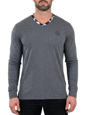 MACEOO Edison Stretch Cotton Long Sleeve V-neck T-shirt - Grey