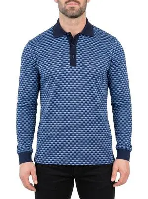 MACEOO Geometric Long Sleeved Cotton Polo - Blue
