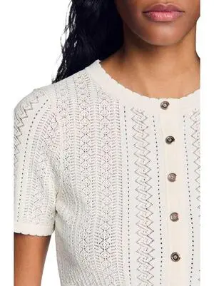Sandro Pointelle Knit Cropped Cardigan - Ecru