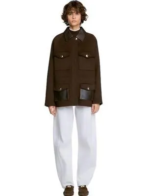 Sandro Double-faced Wool Coat With Leather Collar - Brown