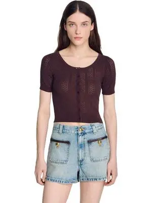 Sandro Pointelle Knit Cropped Cardigan With Ruffles - Brown