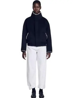 Sandro Cropped Wool Jacket With Topstitched Details - Black