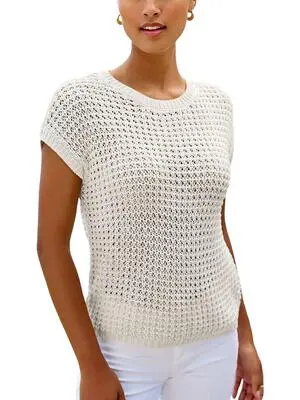 LASCANA Short Sleeve Openwork Knit Sweater - Ivory