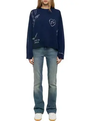 Zadig&Voltaire Markuz Jumper 100% Cashmere With All-over Embroidery - Blue
