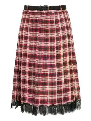 SELF-PORTRAIT Pleated Lace-trim Skirt - Red