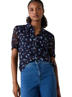 Whistles Viscose Short Sleeve Pintuck Blouse - Navy/multi