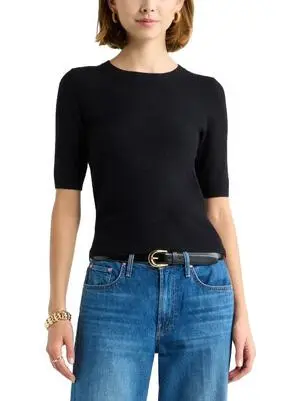 OPEN EDIT Elbow Sleeve Crewneck Fine Knit Sweater - Black