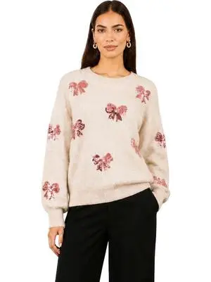 YUMI Relaxed Knit Sequin Bow Jumper - Ivory