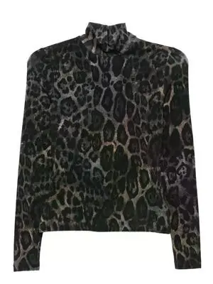 Just Cavalli Long Sleeve Leopard Print High Neck T-shirt - Black