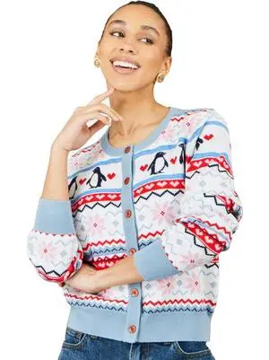 YUMI Penguin Fair Isle Cardigan - Red