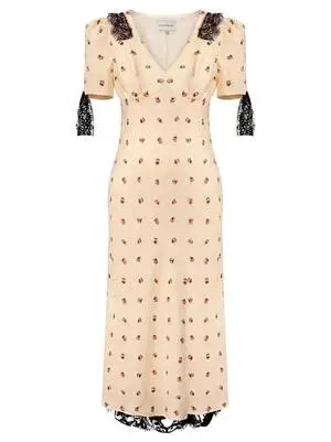 POST MERIDIEM Fitted Lace Trimmed Midi Dress - Yellow