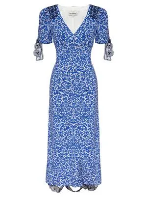 POST MERIDIEM Fitted Lace Trim Midi Dress - Blue