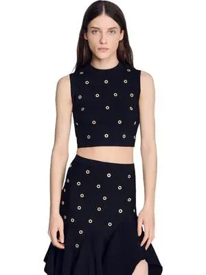 Sandro Studded Knit Cropped Top - Black
