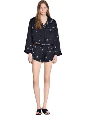 Sandro Beaded And Rhinestone Wide-leg Shorts - Black