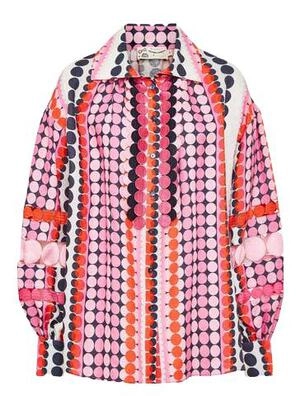 MAISON COMMON Oversized Printed Linen Statement Blouse With Macrame Trim - Multicolour
