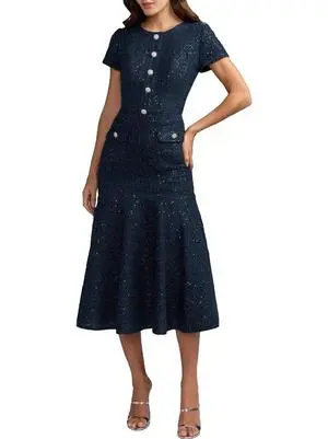 Mac Duggal Sequin Tweed Cap Sleeve A-line Midi Dress - Midnight