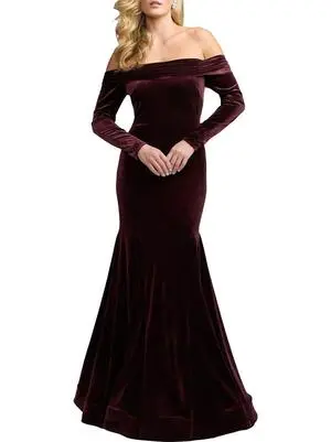 Mac Duggal Velvet Off-the-shoulder Long Sleeve Mermaid Gown - Wine