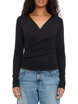 Michael Stars Stacie Shirred Surplice Top - Black