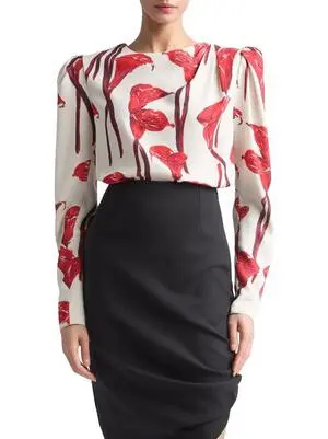 Carolina Herrera Floral Draped Puff Shoulder Blouse - Ceramic Multi