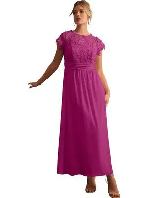 JESSICA LONDON Lace Illusion Neckline Maxi Dress - Raspberry