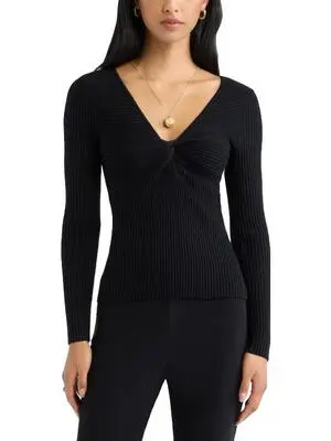 OPEN EDIT Ribbed Knit V-neck Sweater With Knot Detailing - Black