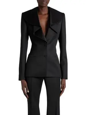 Alexander McQueen Ruffle Neck Wool Jacket - Black