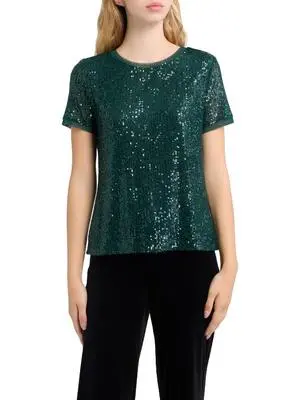 Anne Klein Sequined Short Sleeve T-shirt - Pine Forest