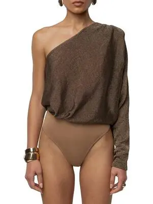 JLUXLABEL One-shoulder Metallic Knit Bodysuit - Bronze